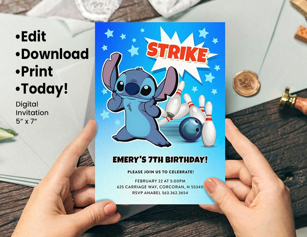 Invitación de cumpleaños de Stitch Bowling tarjeta de - Etsy España