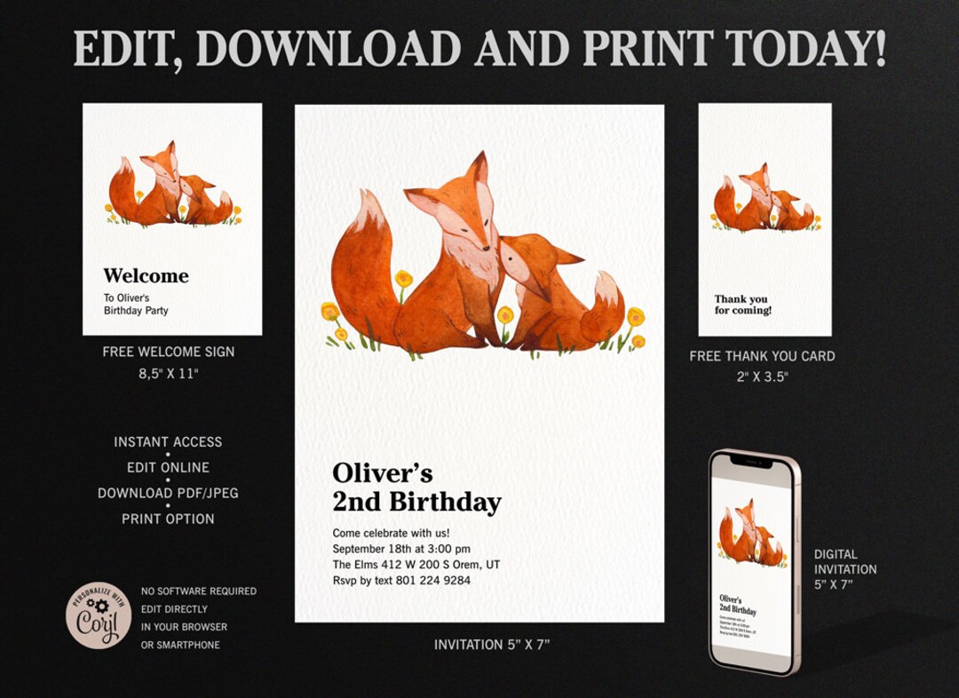 Fox Birthday Party Invitation, Fox Welcome Sign and Thank You Card - Etsy
