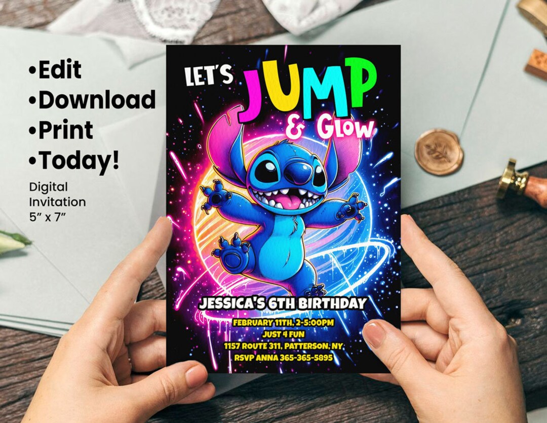 Stitch Glow Jump Birthday Invitation, Trampoline Party, Editable Neon ...