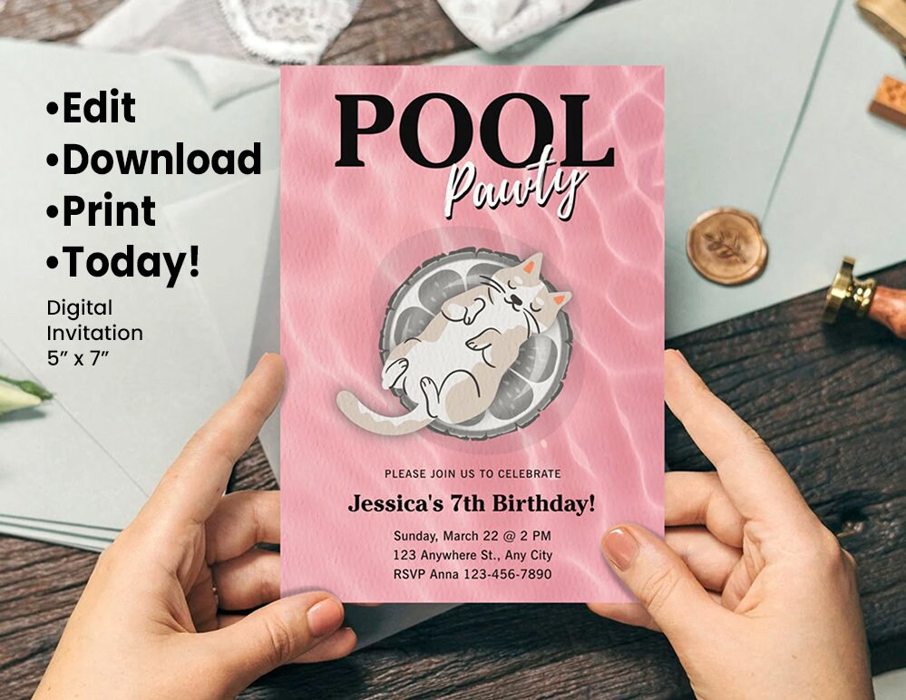 Cat Pool Party Birthday Invitation Pool Pawty Invitation Cat - Etsy