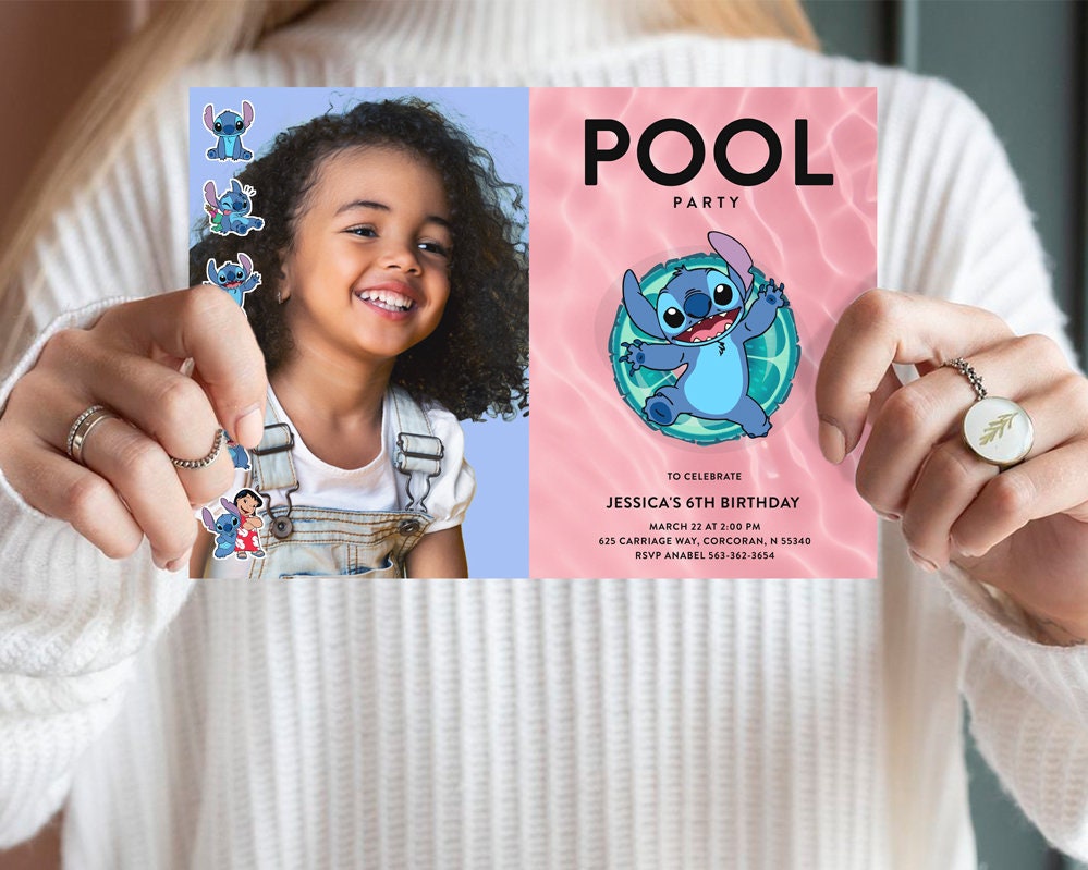 Stitch Pool Party Birthday Invitation, Stitch Pool Party Thank You Card ...