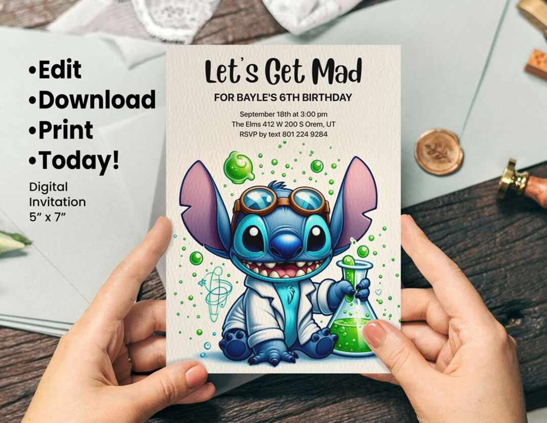 Stitch Mad Scientist Birthday Invitation – Editable Digital Download ...