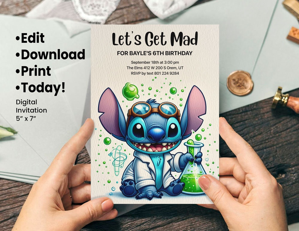 Invitación de cumpleaños de Stitch: Científico Loco (descarga digital ...