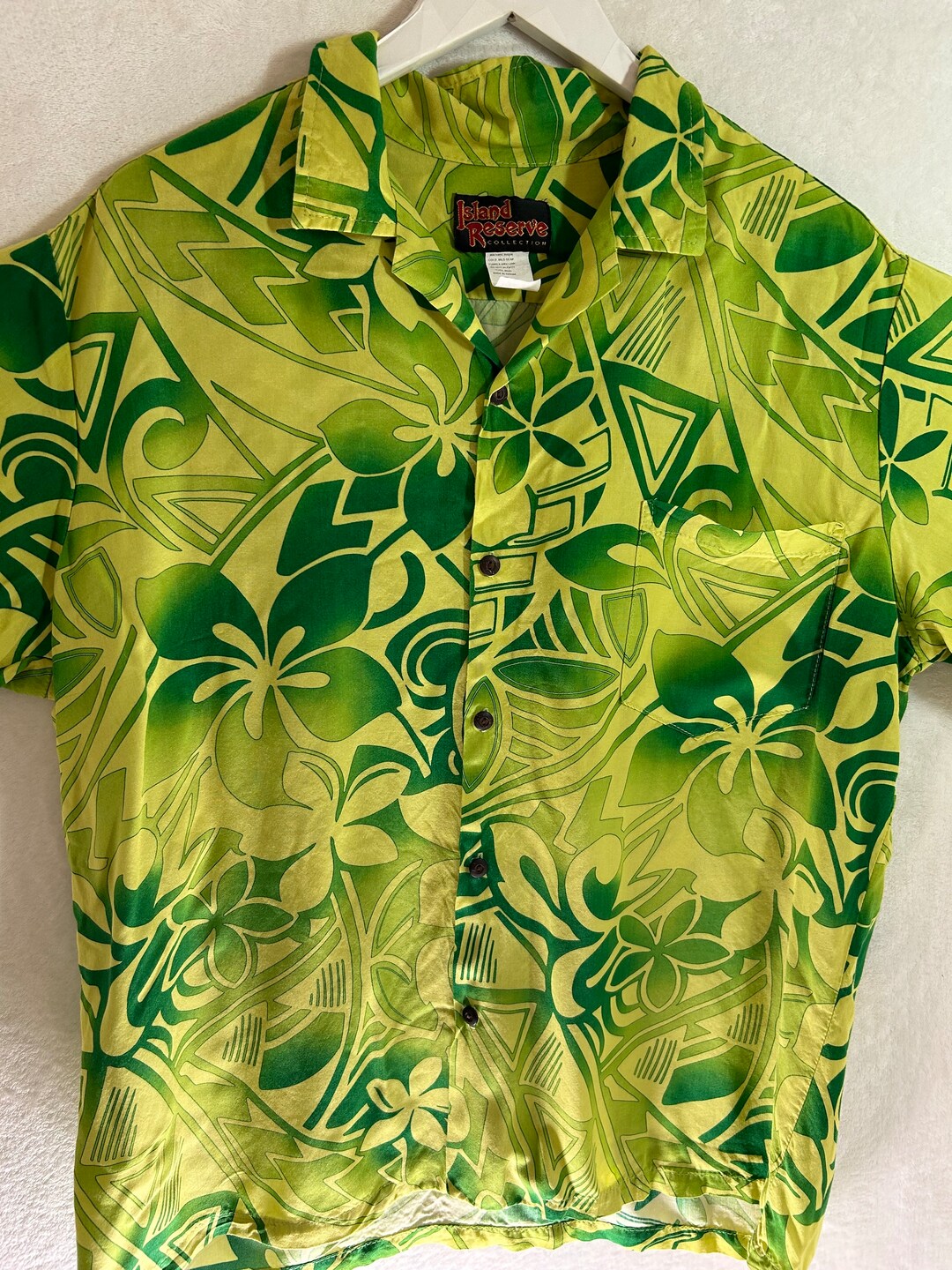 Vintage Island Reserve Hawaiian Aloha Shirt: Green Floral Rayon, Size ...
