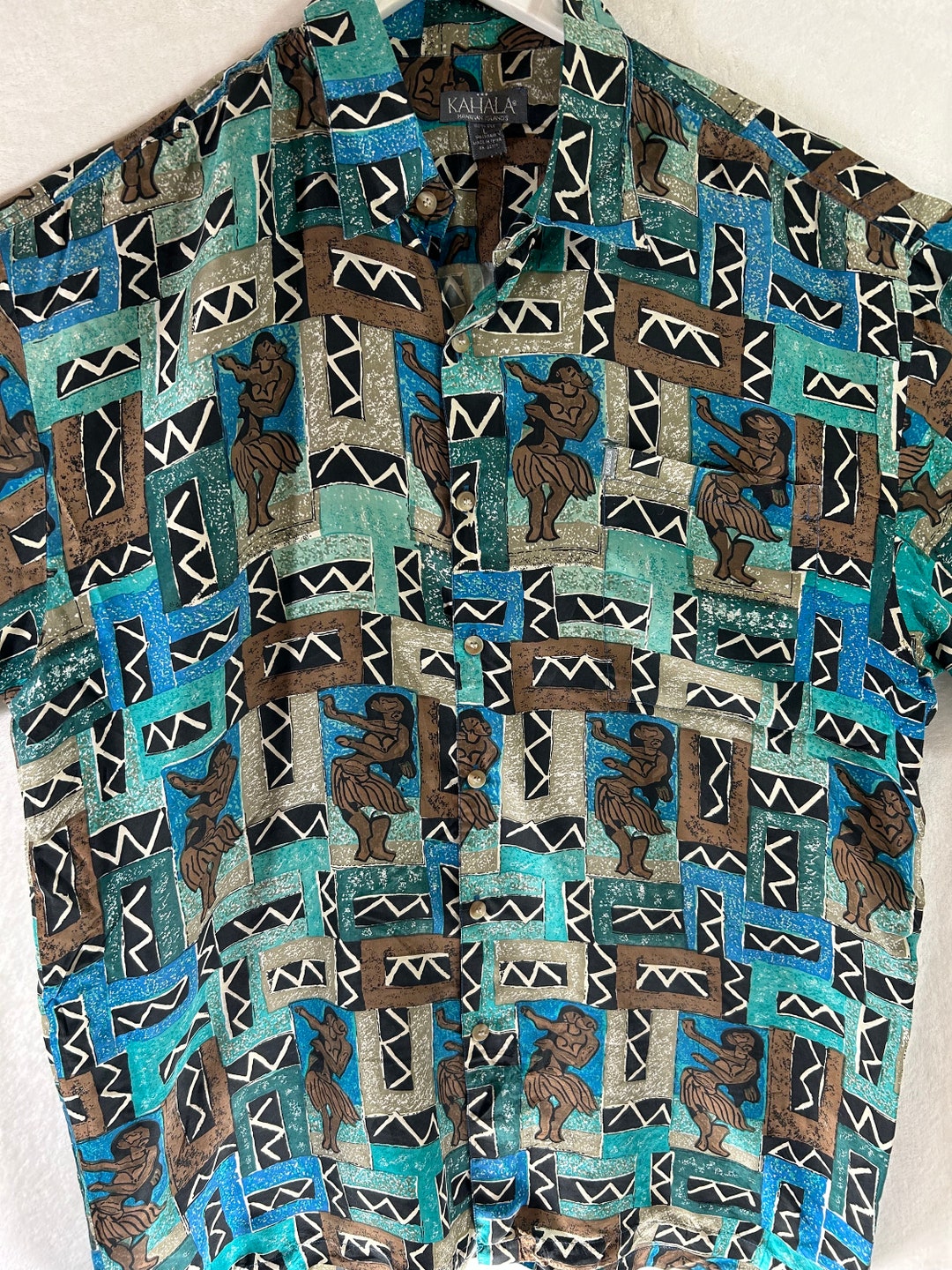 Vintage Kahala Blue Hula Dance Hawaiian Aloha Shirt Made Green Silk ...