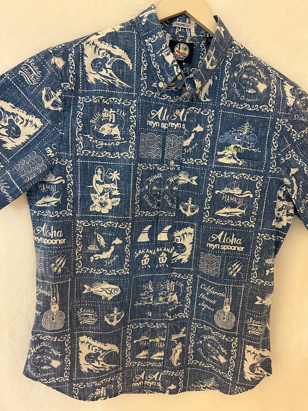 Vintage Reyn Spooner Hawaiian Aloha Shirt Large Japanese Fish Blue ...