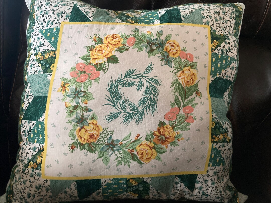 Vintage Fabric Cheater Quilt Panels Sewn Into Reversible Throw Pillow ...