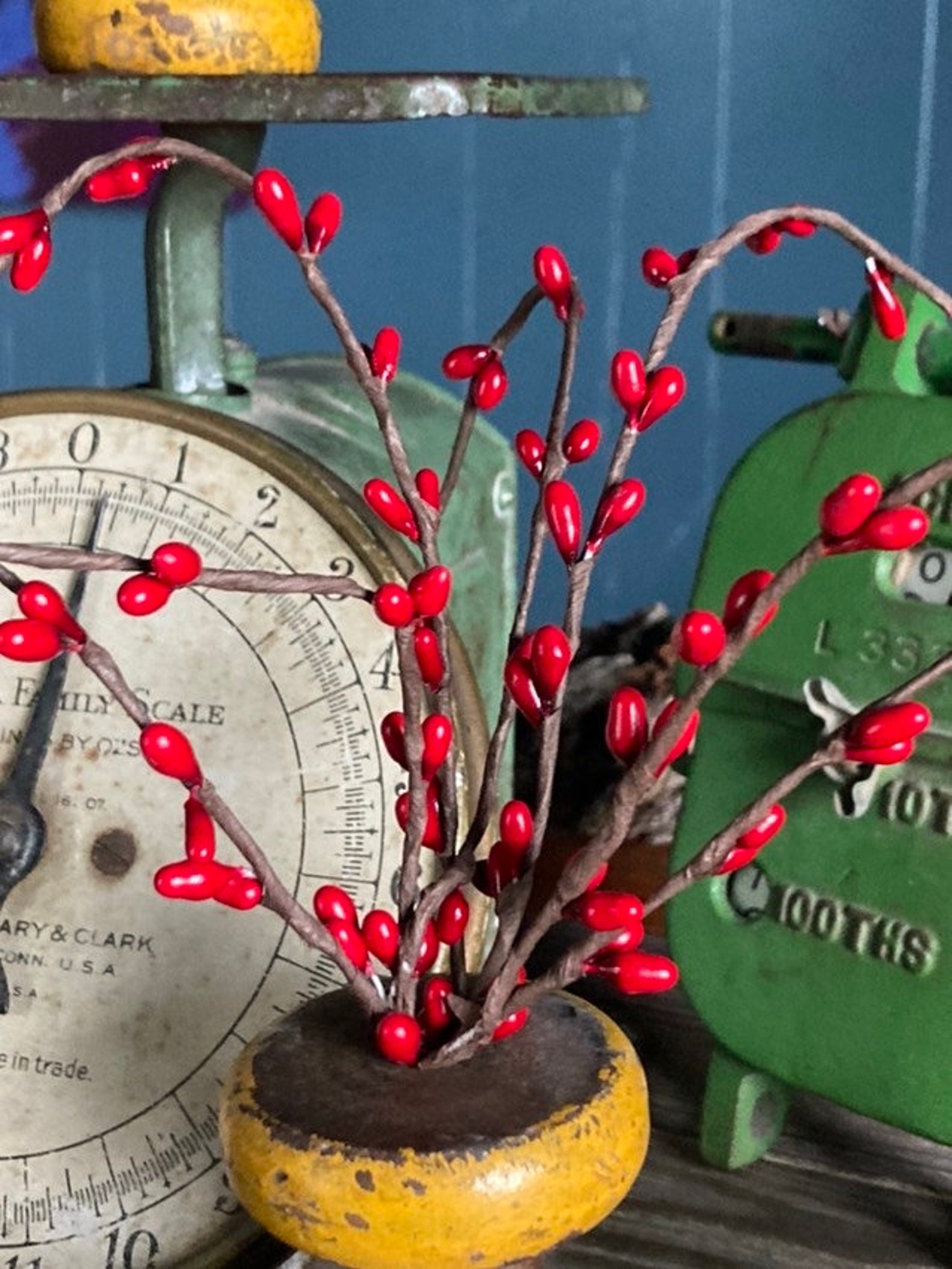 Primitive Tree Red Pip Berry Branches With Vintage Spool Base and ...