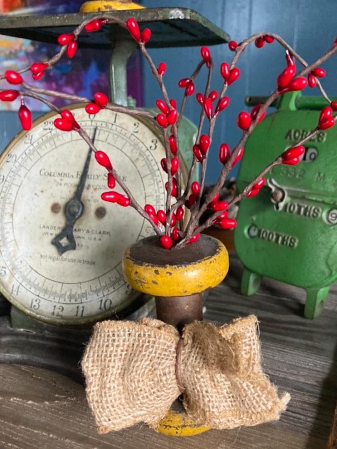 Primitive Tree Red Pip Berry Branches With Vintage Spool Base and ...