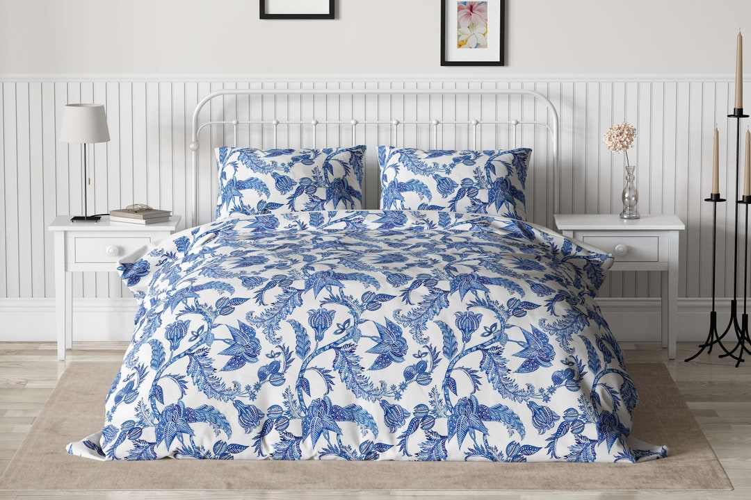 Blue Batik Duvet Cover Set, Cotton With Vintage Indigo Floral Vines ...