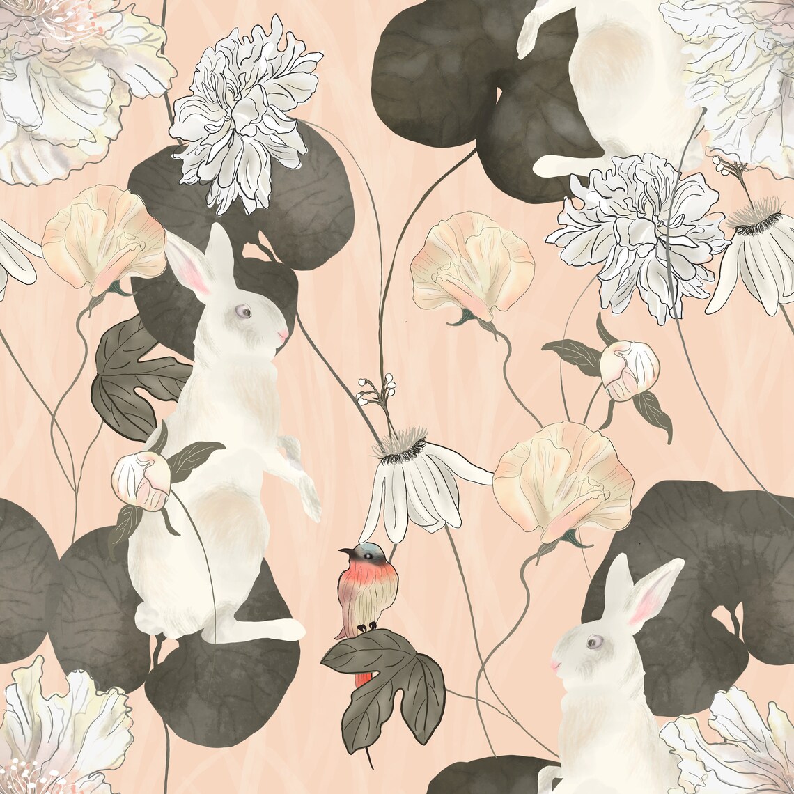 Vintage Wallpaper Peel and Stick White Rabbit on Olive or - Etsy