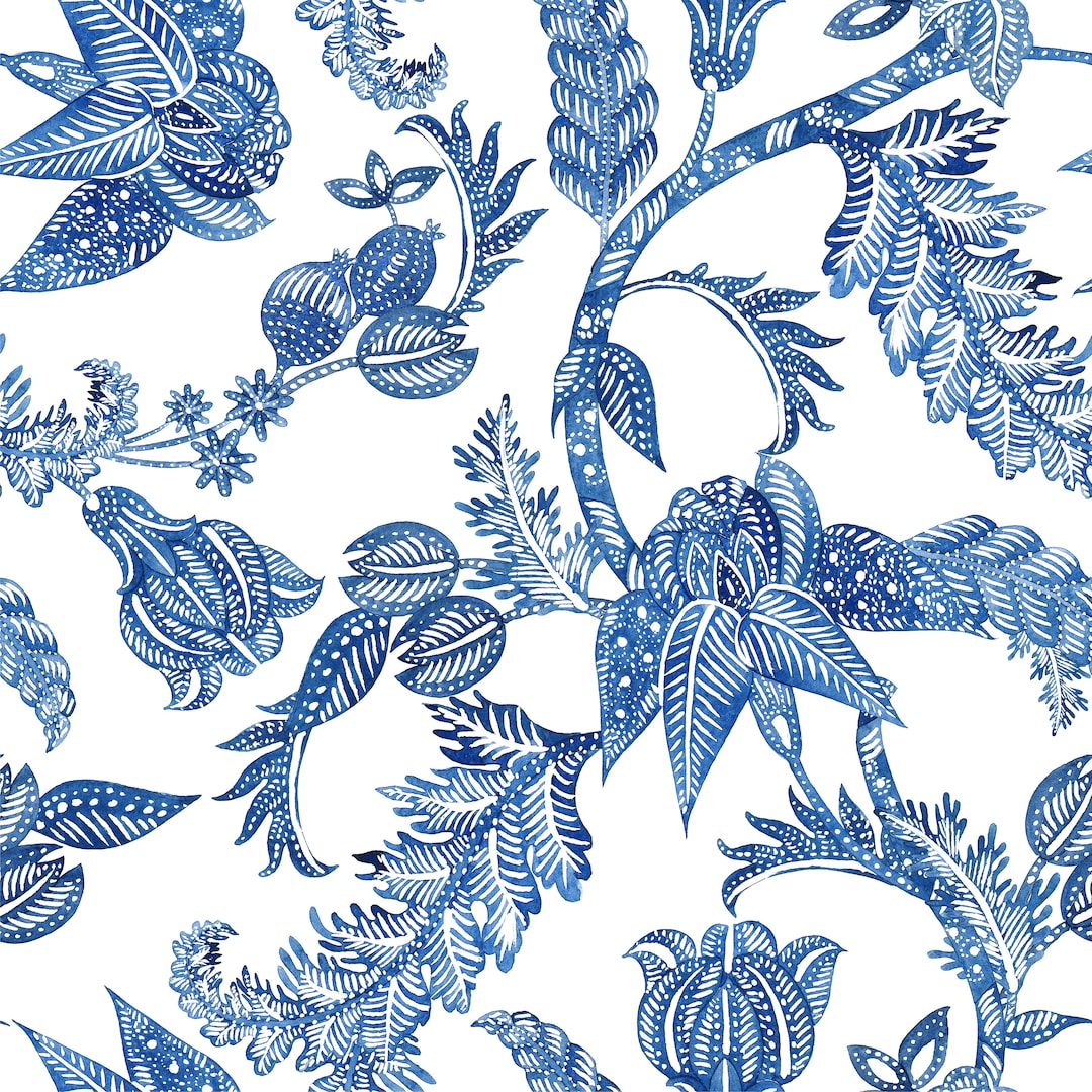 Blue Vintage Batik Wallpaper With Wrapping Floral Vines for a Foyer ...