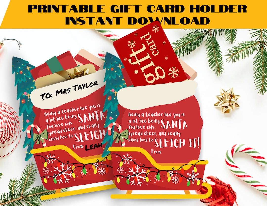 Christmas Santa Sleigh Gift Card Printable for Teacher, School Staff ...