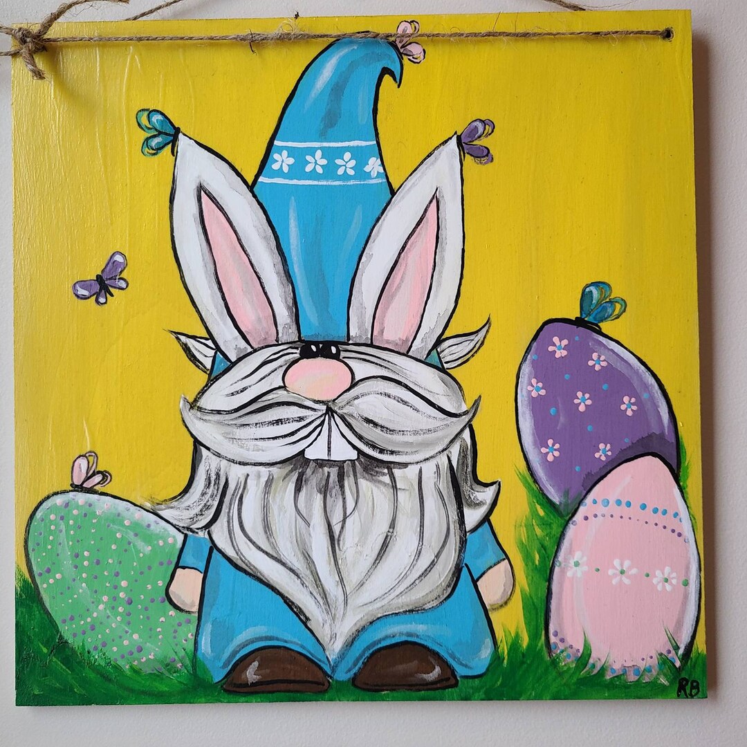 Easter Bunny Gnome Painting, Whimsical Easter Bunny, Gnome Handpainted ...