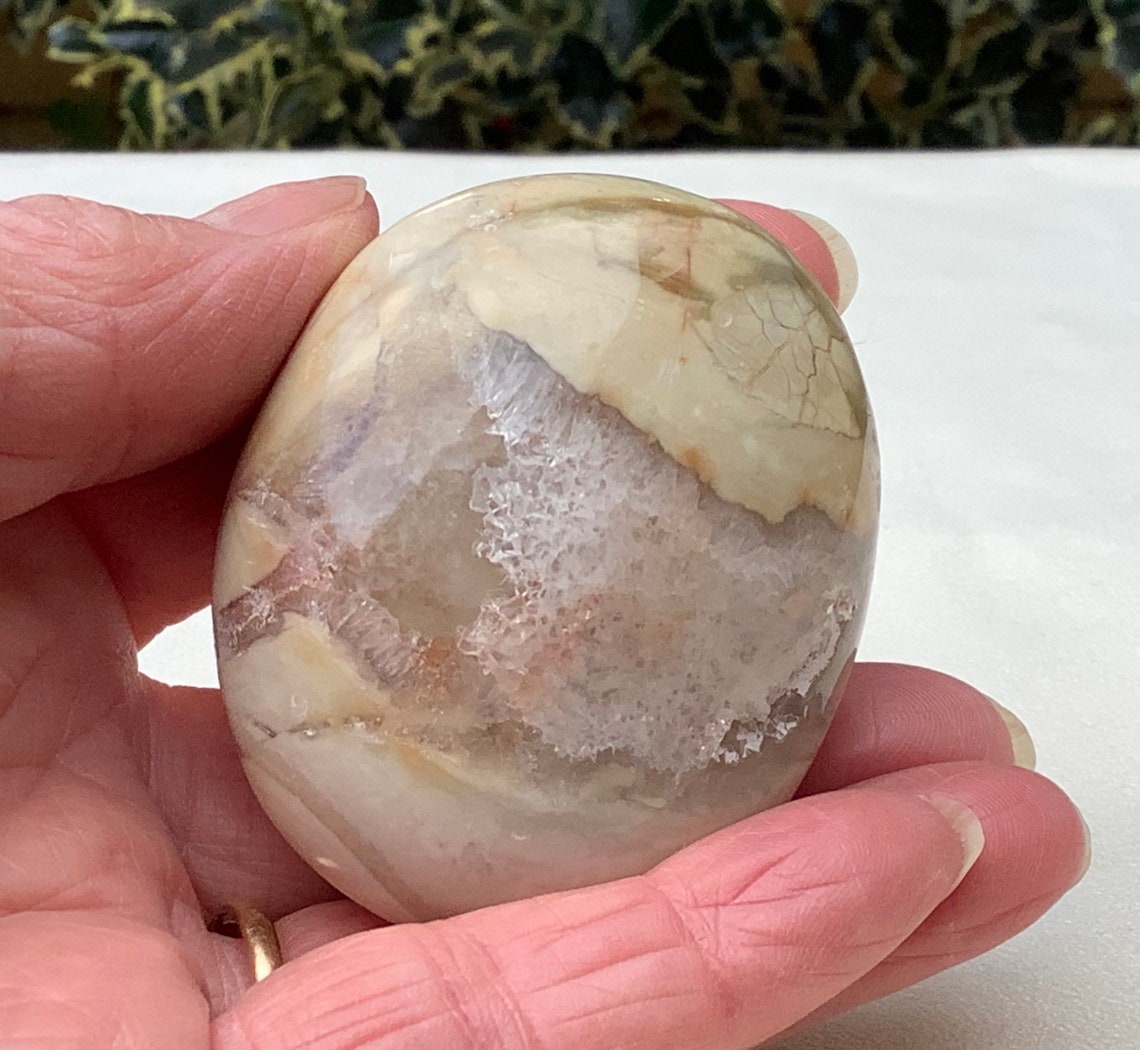 Brecciated jasper palm stone with quartz crystals from | Etsy