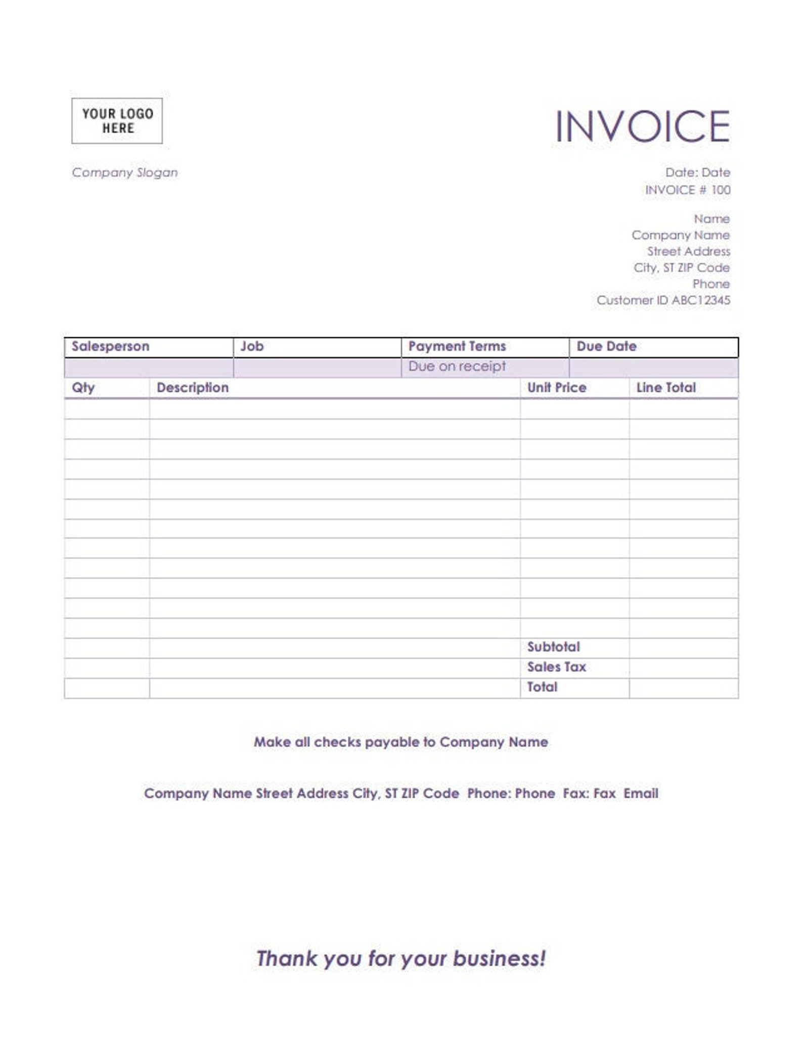 Invoice Template Purple & Company LOGO - Blank - Download and Edit - Etsy