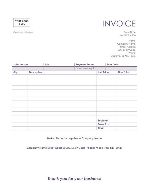 Invoice Template Purple & Company LOGO Blank Download and - Etsy