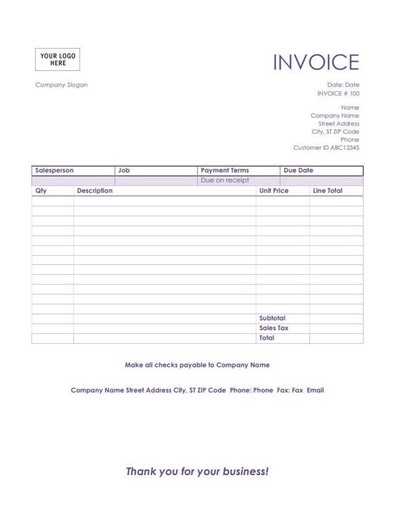 Invoice Template Purple & Company LOGO - Blank - Download and Edit - Etsy