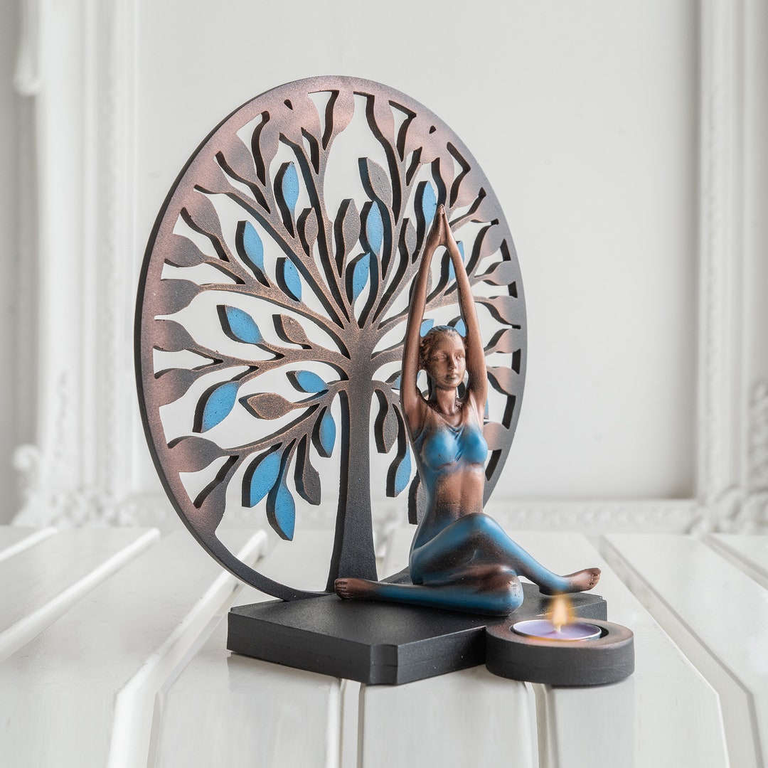 Yoga Hands up Statue, Tree of Life Candle Holder, Trinket Figure Blue ...