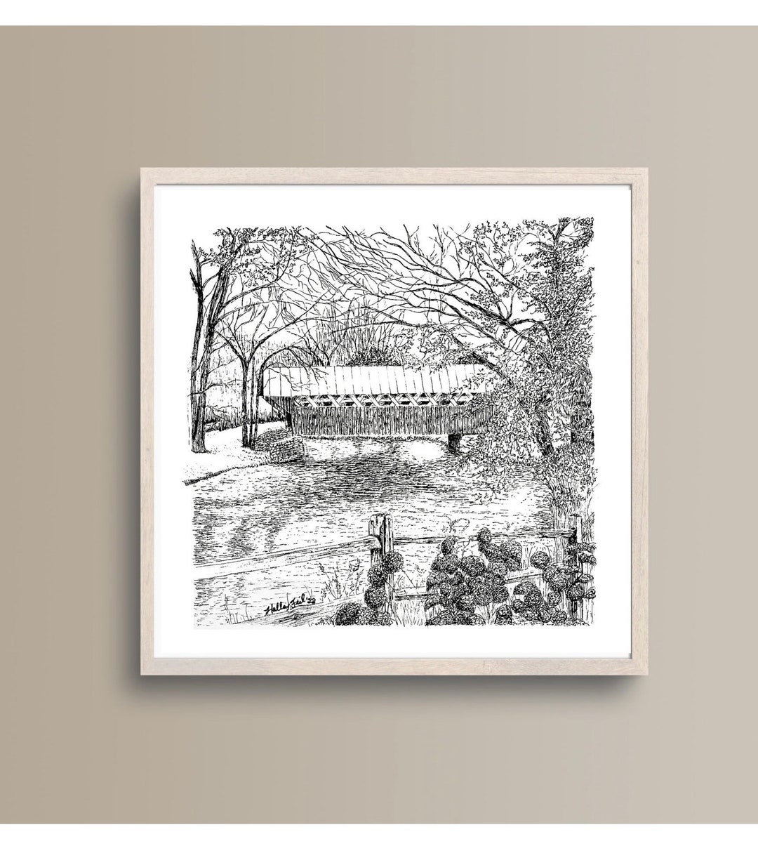 Covered Bridge Drawing | Bridge Artwork | Country Themed Drawing | Pen ...