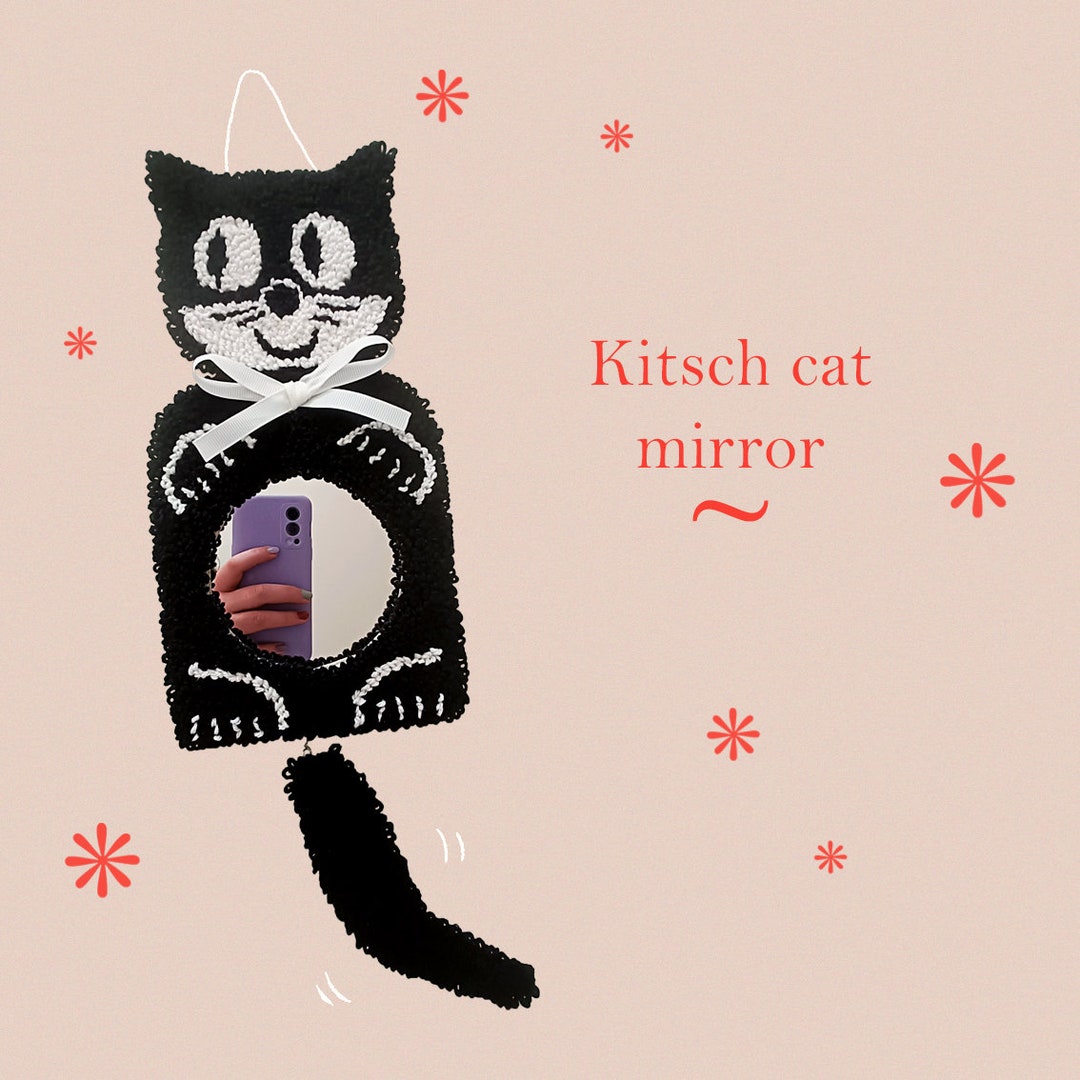Kitsch Cat Mirror: Punch Needle Wall Decor With Swinging Tail - Etsy