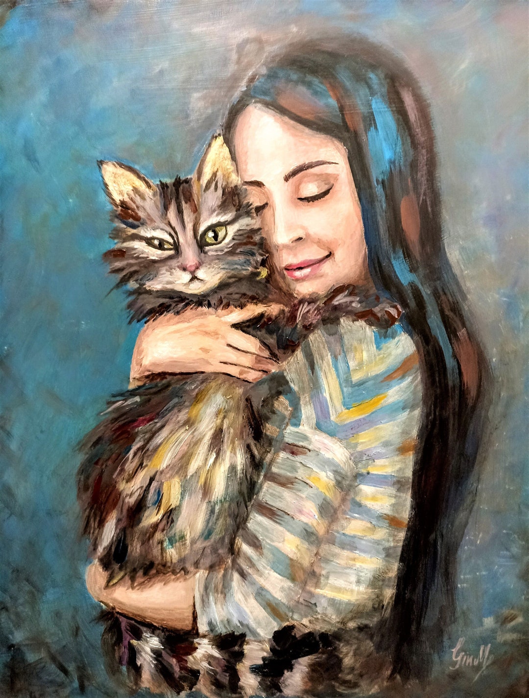 Cat Painting, Girl Painting, Oil on Canvas, Modern Painting, Girl With ...