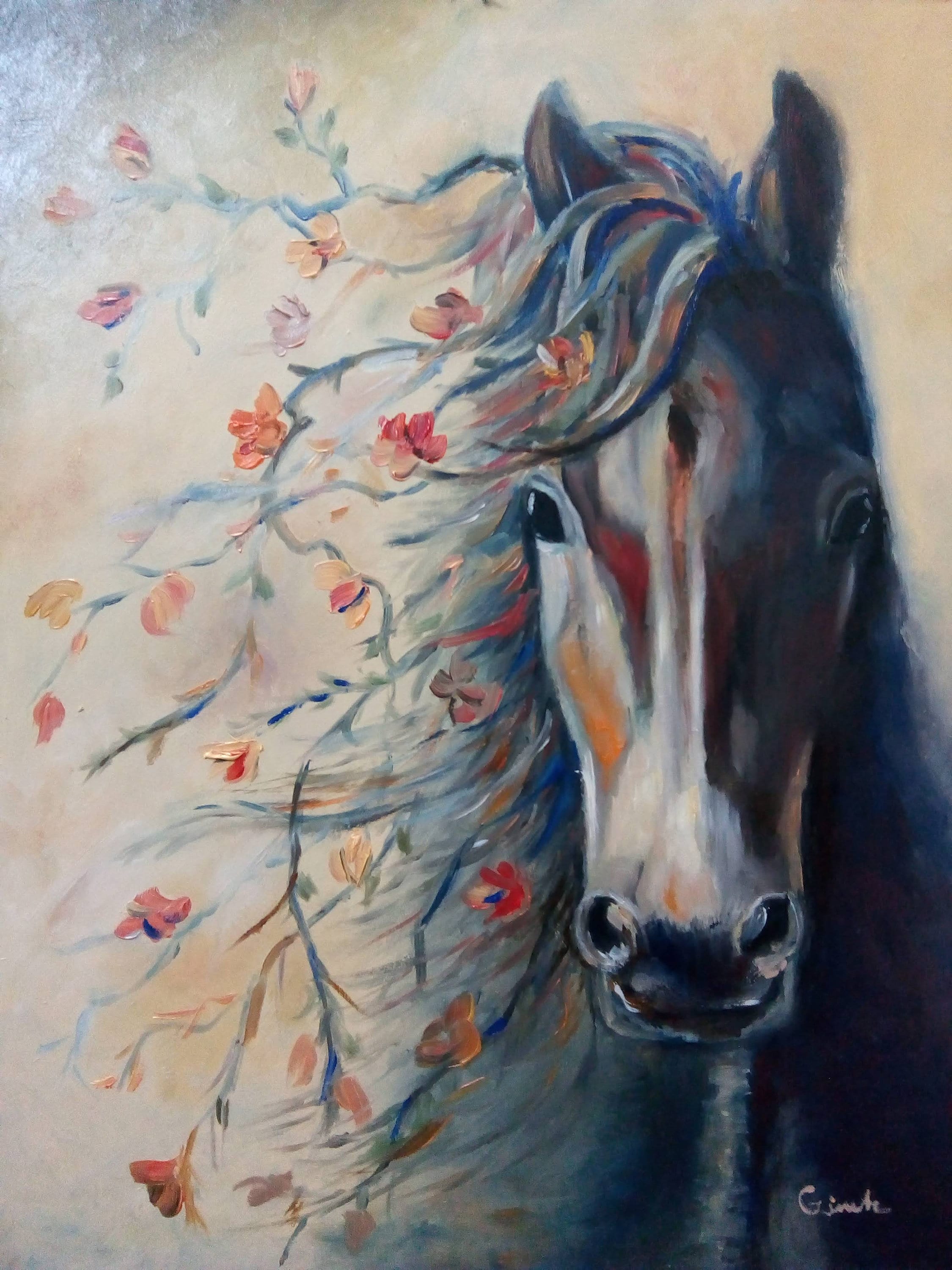 Caballo con flores, cuadro moderno, bonito, al óleo, lienzo grande ...