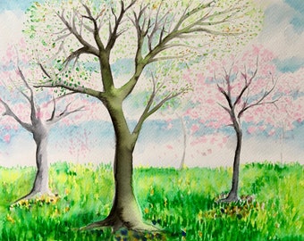 Spring Scene Art Print of Watercolor Painting Trees, Ducks, Nature ...