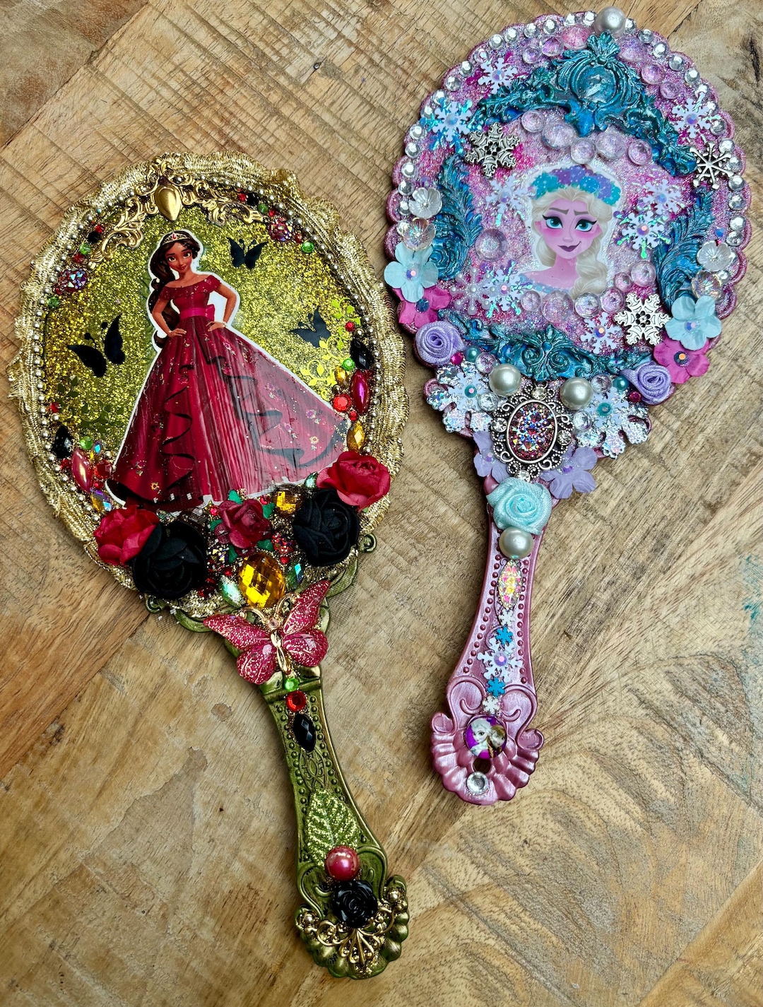 Disney Princess Handheld Mirror: Handmade, Gems and Flower Decorated ...
