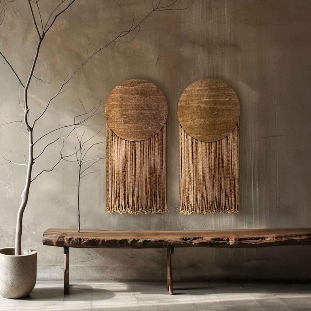 Round Wooden Fiber Art Pair: Coastal Boho Wall Hanging - Etsy