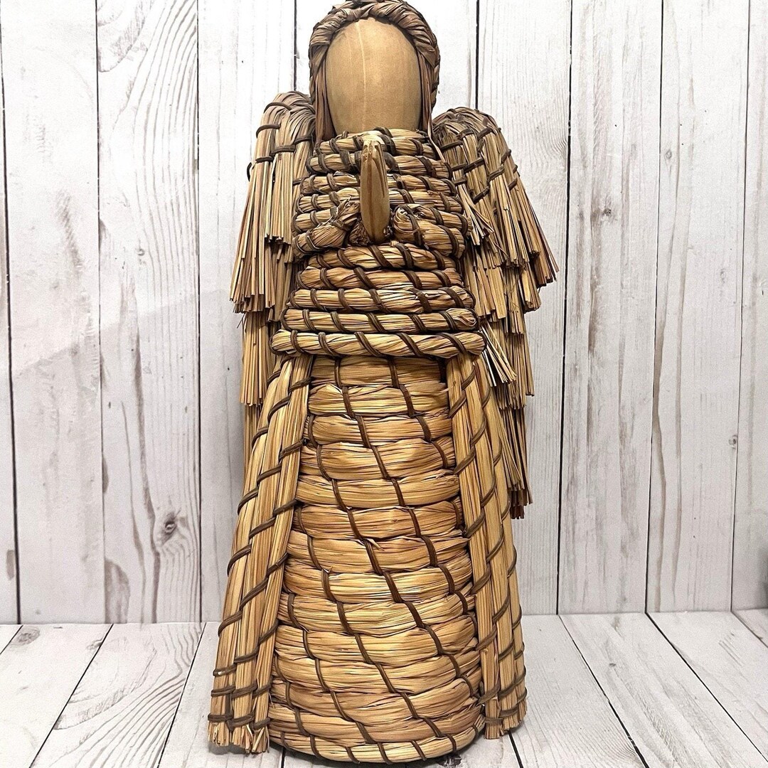 Vintage Farmhouse Folk Art Rattan Wicker Raffia Praying Angel Large 15 ...