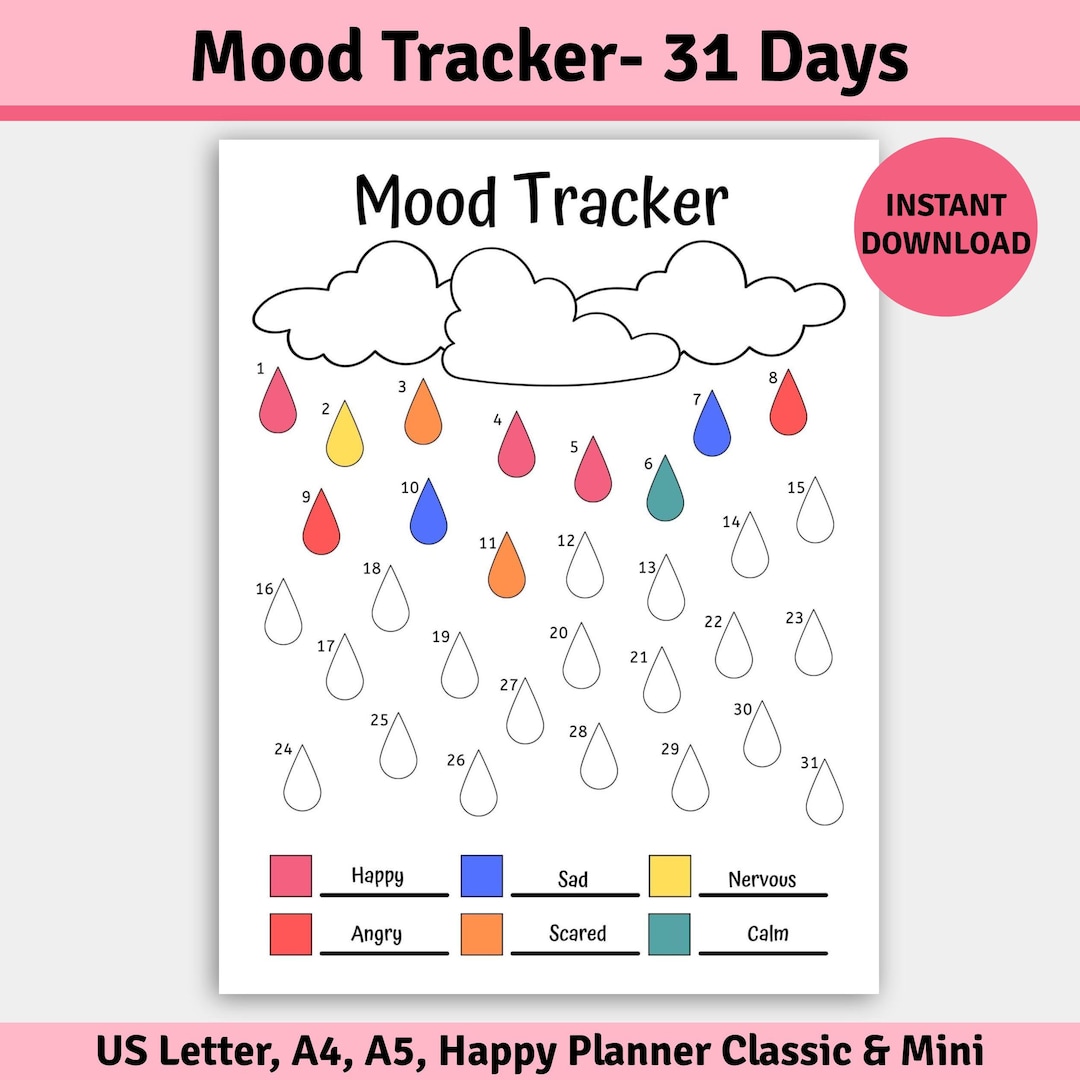 Mood Tracker Printable, Kids Raindrop Mood Chart Journal, Bullet ...