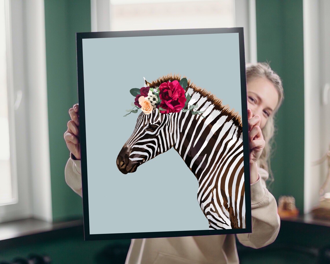 Zebra With Flower Crown Print Boho Zebra PRINTABLE Wall Art - Etsy