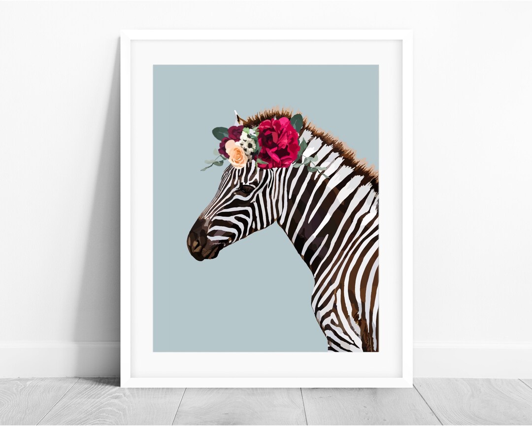 Zebra With Flower Crown Print, Boho Zebra PRINTABLE Wall Art Nursery ...