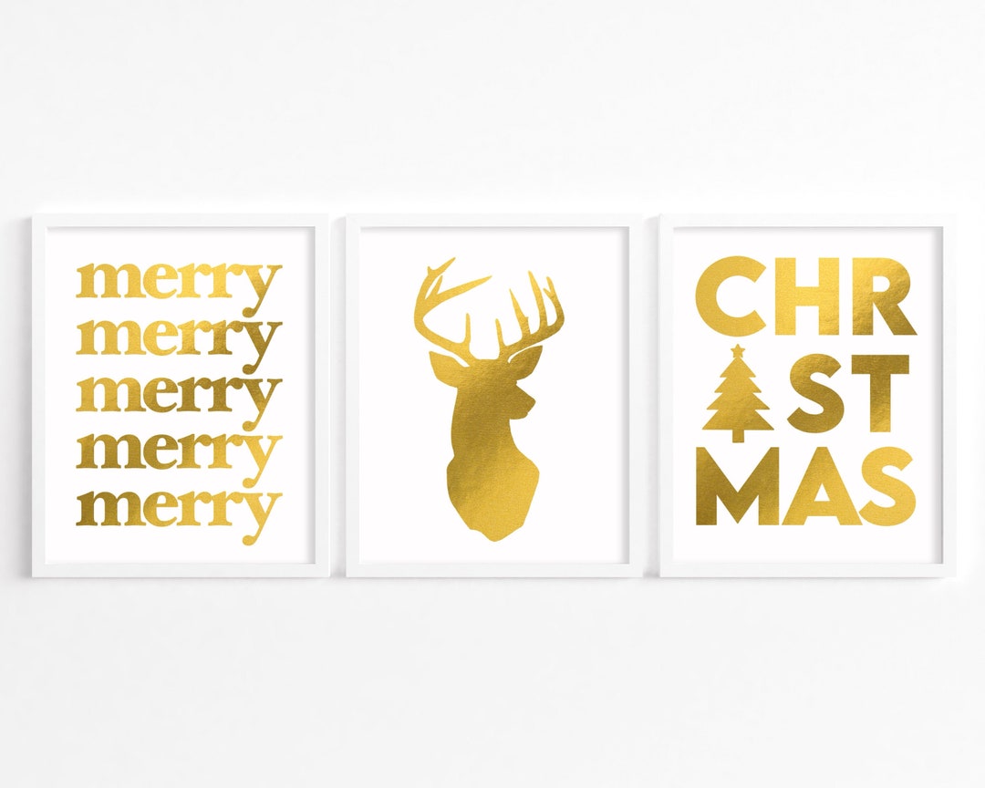Gold Foil Christmas Set of 3 Prints, Merry Christmas Reindeer PRINTABLE ...