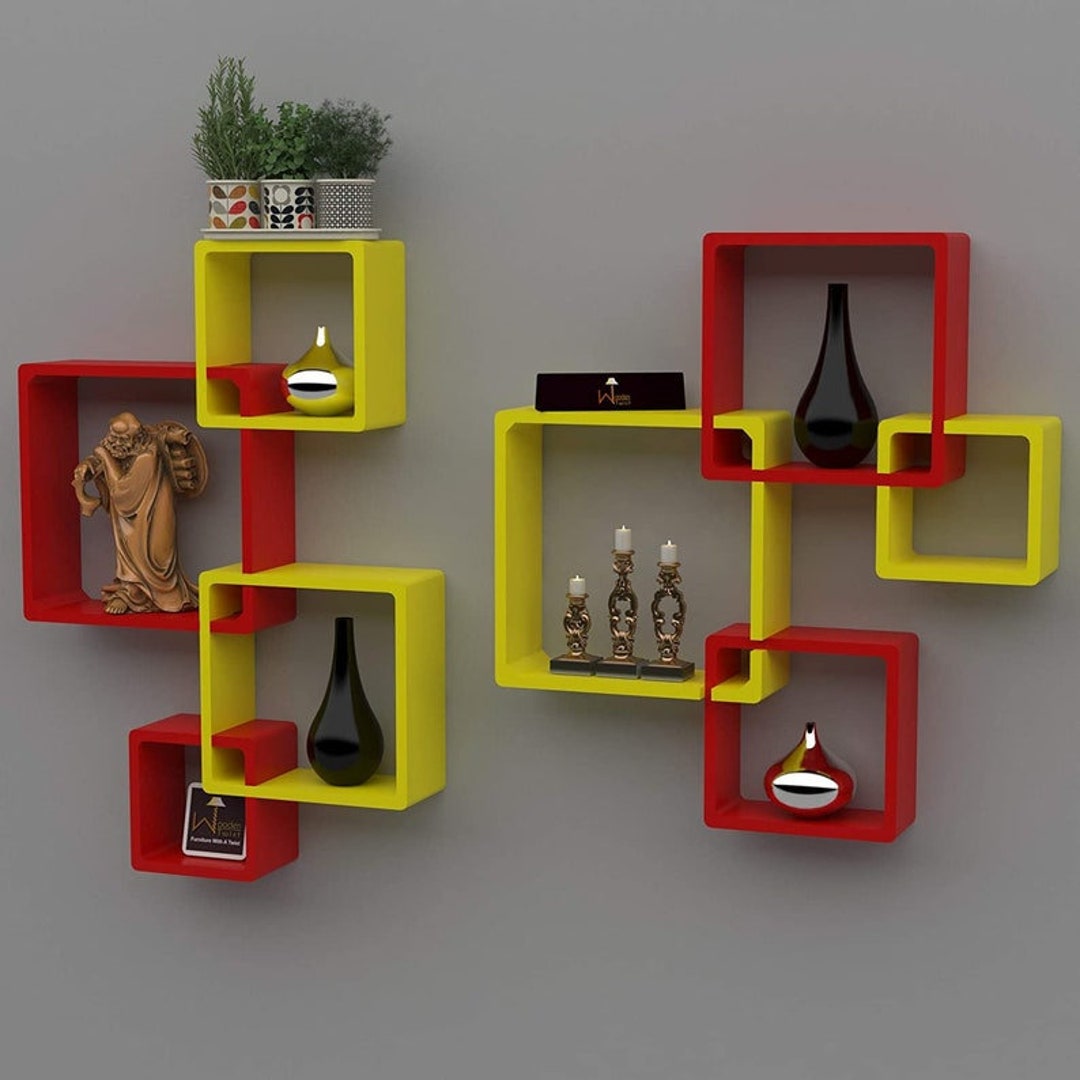 Modern Intersecting Wall Shelf/ Home Wall Decor Set of 8 Red and Black ...