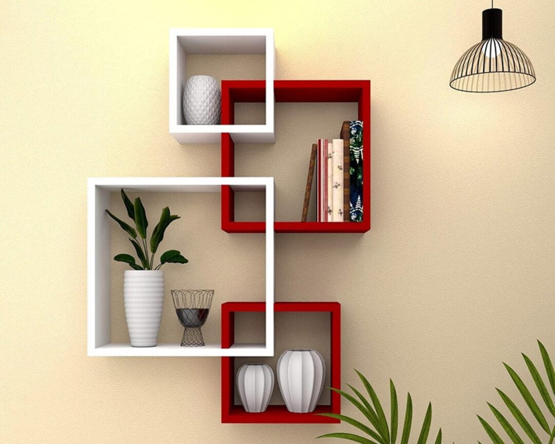 Modern Intersecting Wall Shelf/ Home Wall Decor Set of 4 Red and White ...
