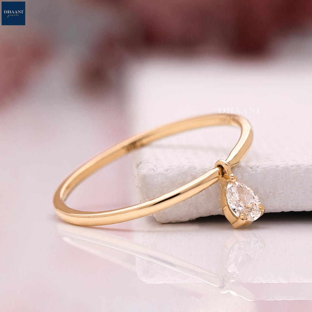 Tiny Pear Cut Dangling Ring, 14K Yellow Gold Band With Dangling Charm ...