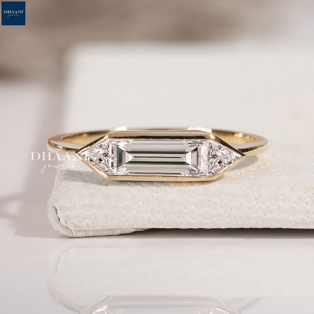 East West Straight Baguette Cut Moissanite Engagement Ring, 14K Solid ...