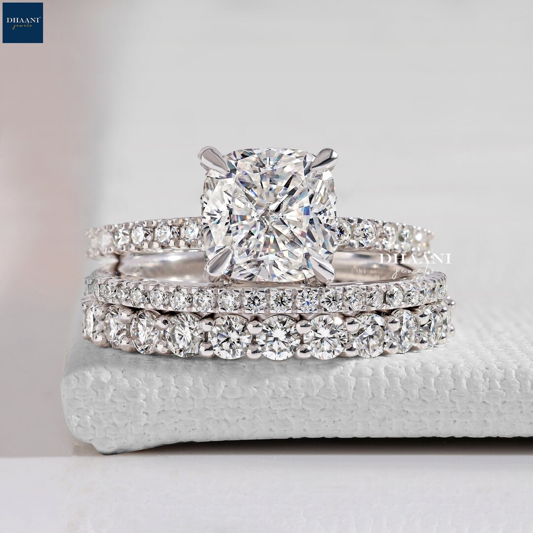 Moissanite Engagement Ring 3pcs Set Bridal Ring Set 2.5 CT Cushion Cut ...