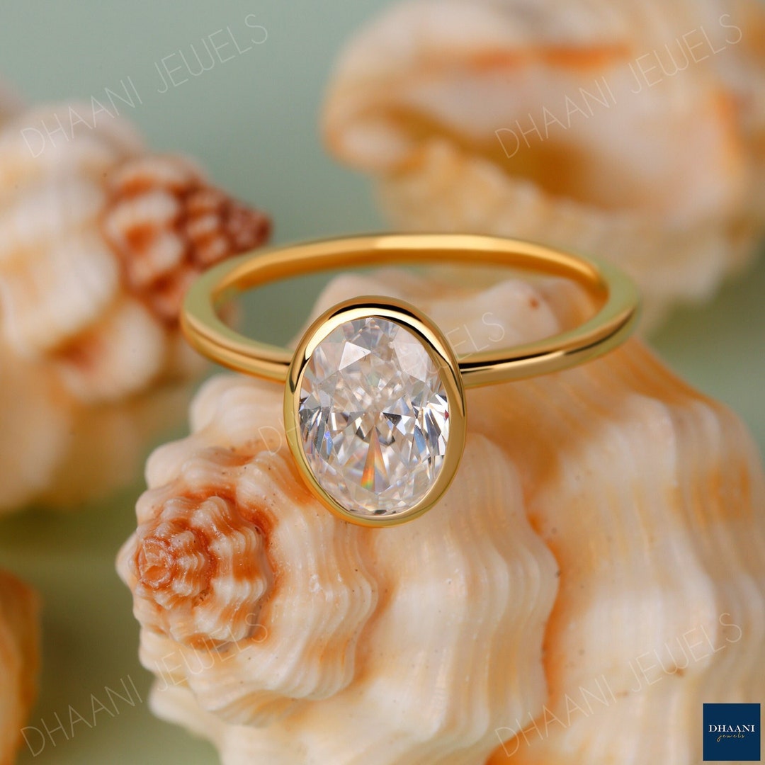 Oval Bezel Set Engagement Ring, Moissanite Solitaire Yellow Gold Ring ...