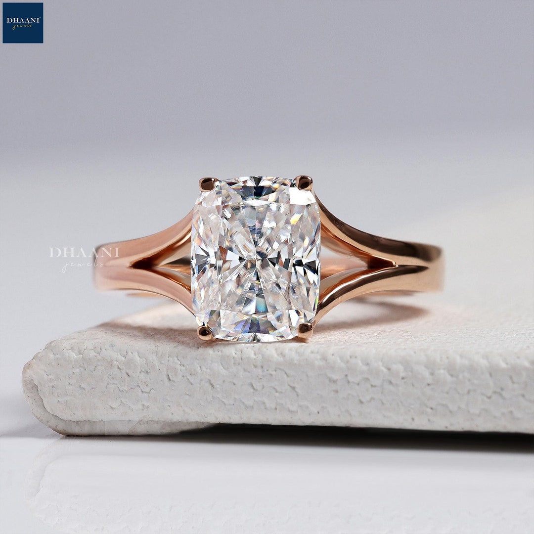Elongated Cushion Cut Moissanite Ring, Split Shank Solitaire, Solid ...