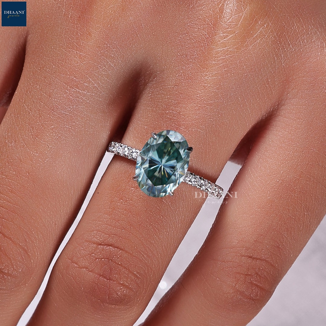 Oval Cyan Moissanite Engagement Ring: Hidden Halo, White Gold Accent ...