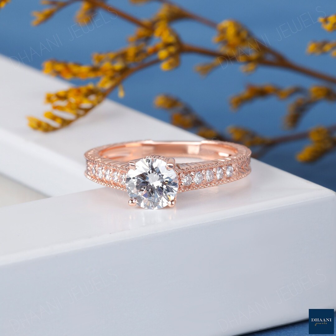 Round Cut Moissanite Engagement Ring Vintage Style Wedding Ring Mil ...