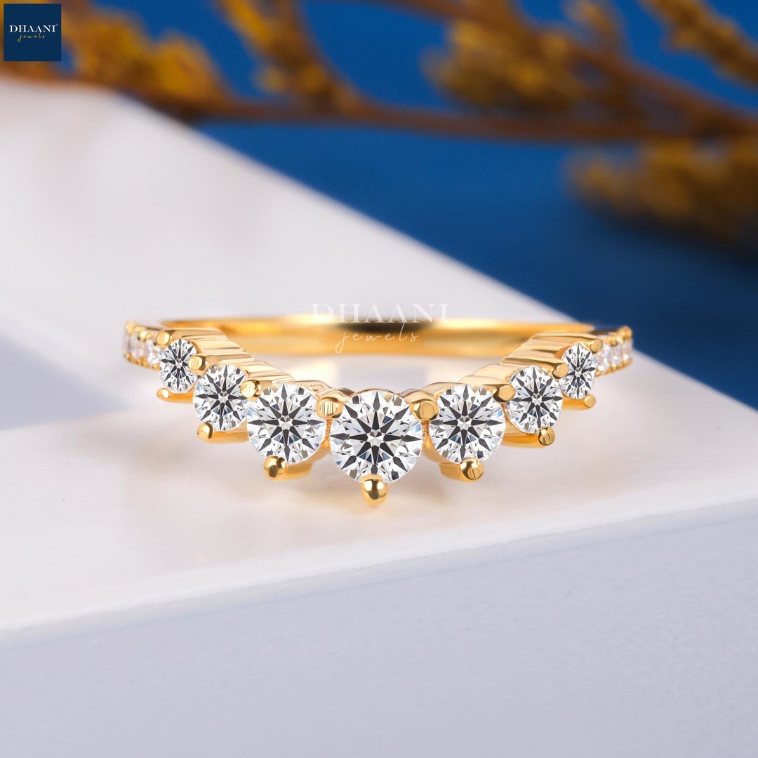 V Shape Round Cut Diamond Curved Wedding Band, Art Deco 14K Yellow Gold ...