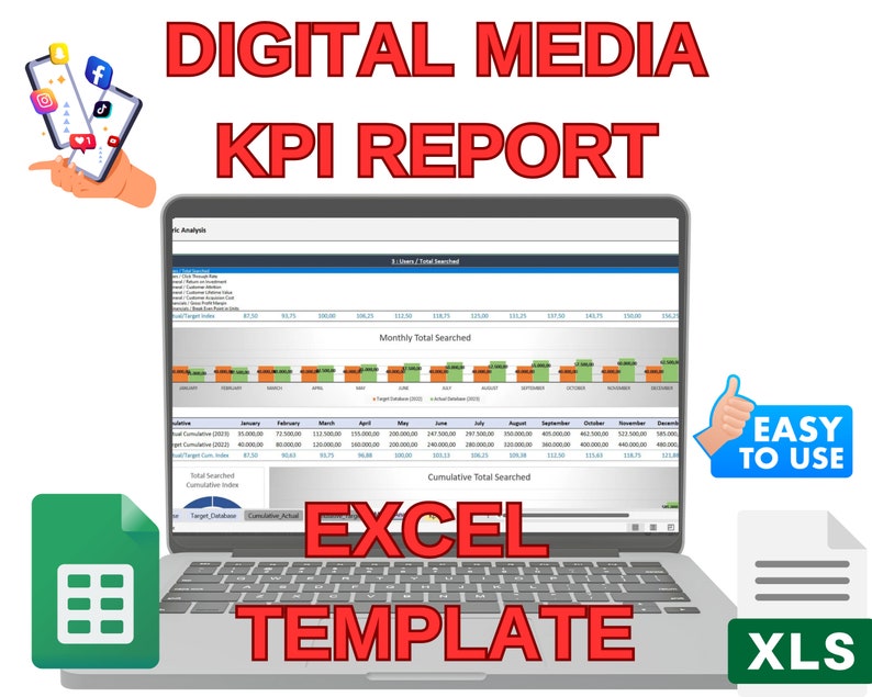 Digital Media KPI Report Excel Template | Track Monthly & Cumulative ...