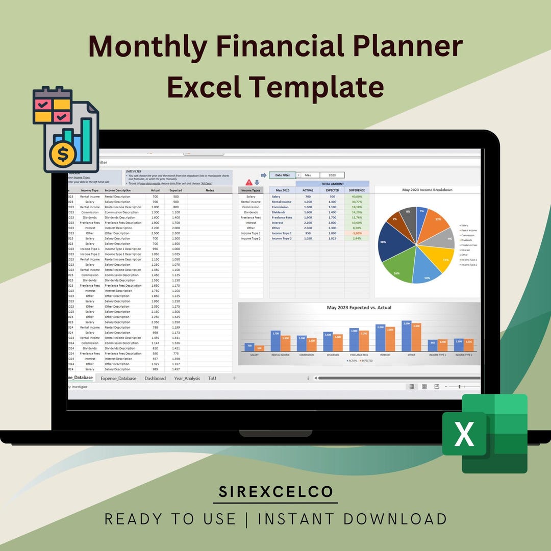 Yearly Financial Planner Excel Template | Dynamic Income & Expense ...