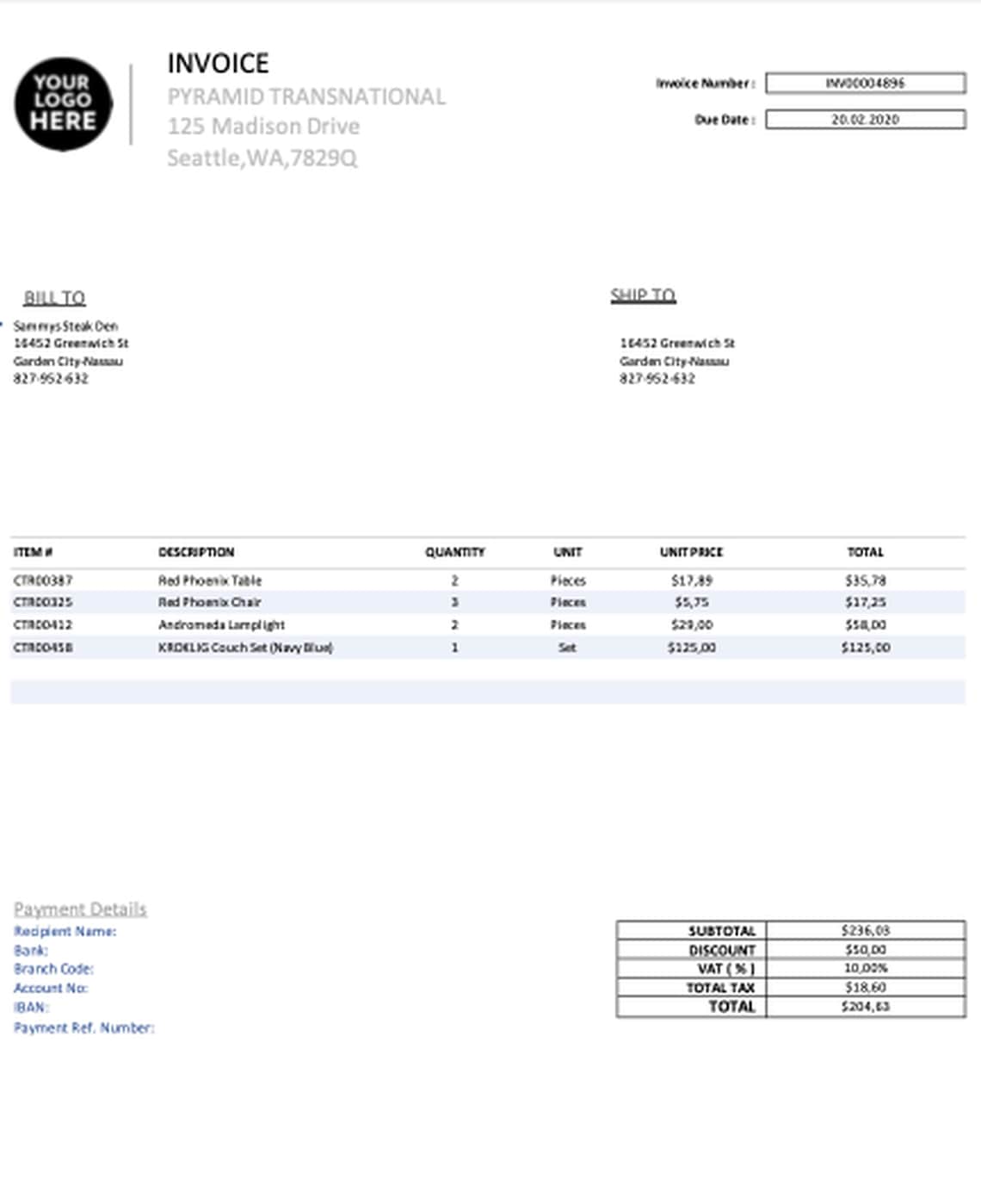 Editable Invoice Excel Template | Printable Business Invoice | Small ...