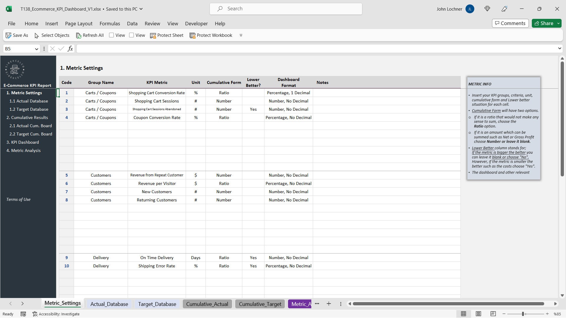 E-commerce KPI Dashboard Excel Template | Track & Compare E-commerce ...