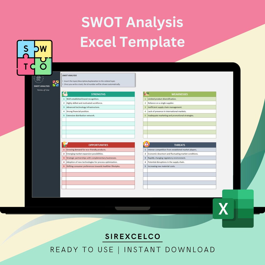 Comprehensive SWOT Analysis Excel Template | Strategic Task ...